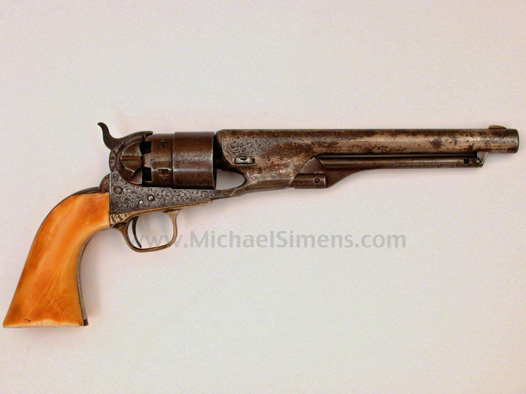 FACTORY ENGRAVED COLT 1860 ARMY REVOLVER WITH RAISED CARVED IVORY GRIPS.