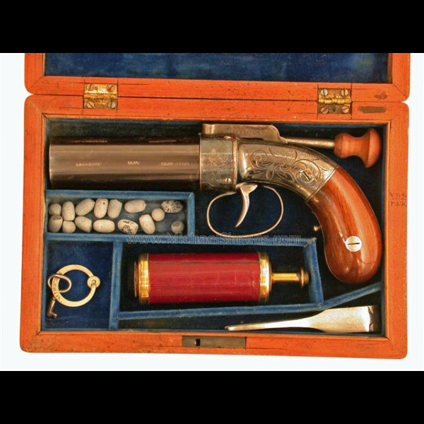 ANTIQUE PEPPERBOX PISTOL CASED WITH ACCESSORIES.